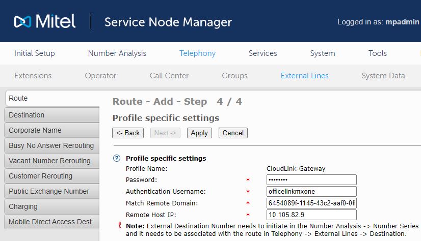 Configure CloudLink Gateway SIP Route via Service Node Manager